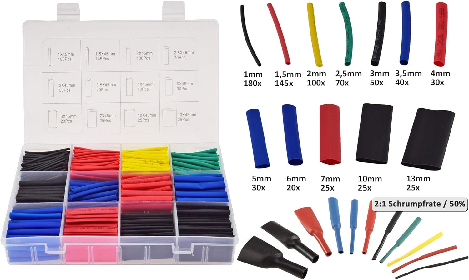 Schrumpfschlauch-Sortiment 750-teilig 5 Farben Schrumpfrate 2:1 45mm lang 11 Größen Bunt ...