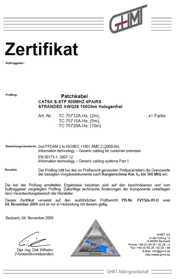 CAT6a Patchkabel 10 GBit/s 500MHz halogenfrei GHMT zertifiziert gelb ...