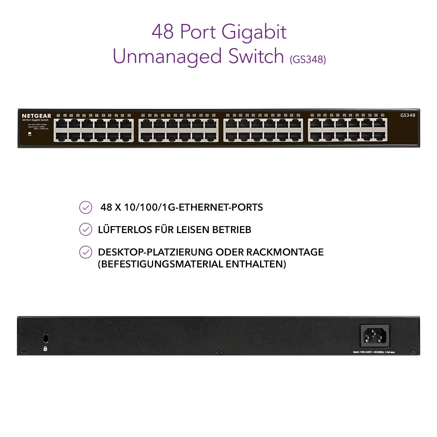 Netgear GS348 48-Port Gigabit Ethernet LAN Switch Desktop- oder Rack ...
