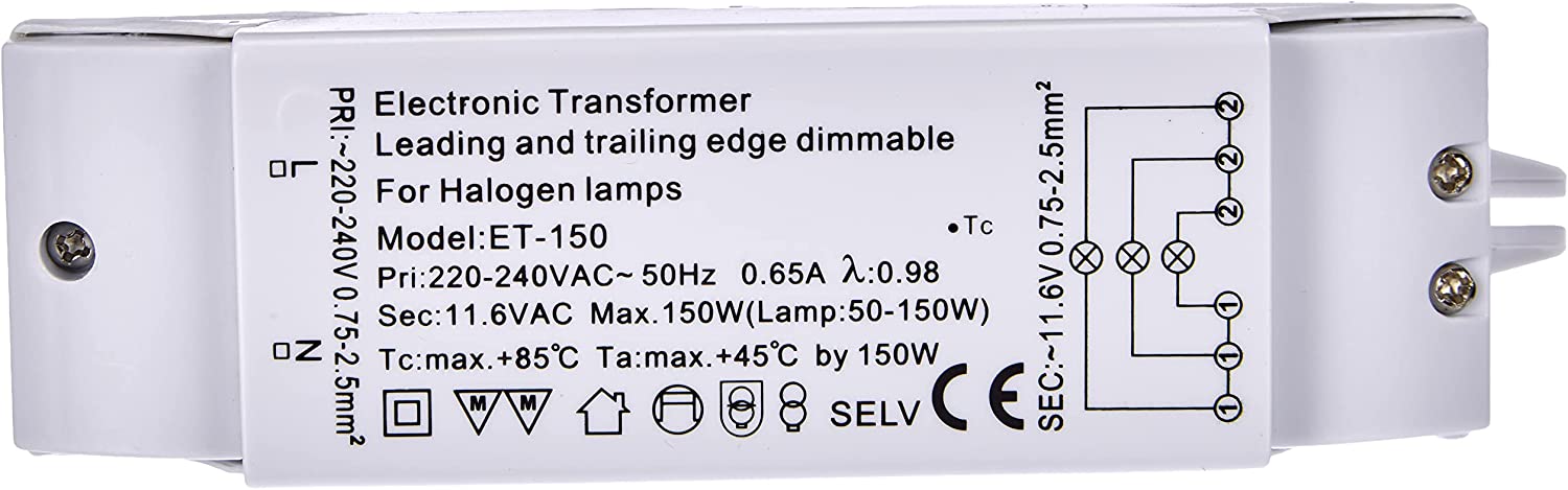 ET-150 Halogen-Trafo 230/12V/50-150W, Überlastungsschutz, Temperatursicherung, dimmbar, 160 x 46 ...