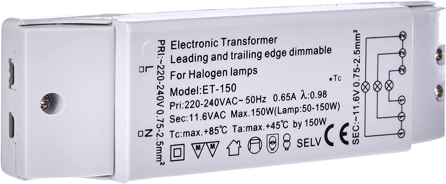 ET-150 Halogen-Trafo 230/12V/50-150W, Überlastungsschutz, Temperatursicherung, dimmbar, 160 x 46 ...